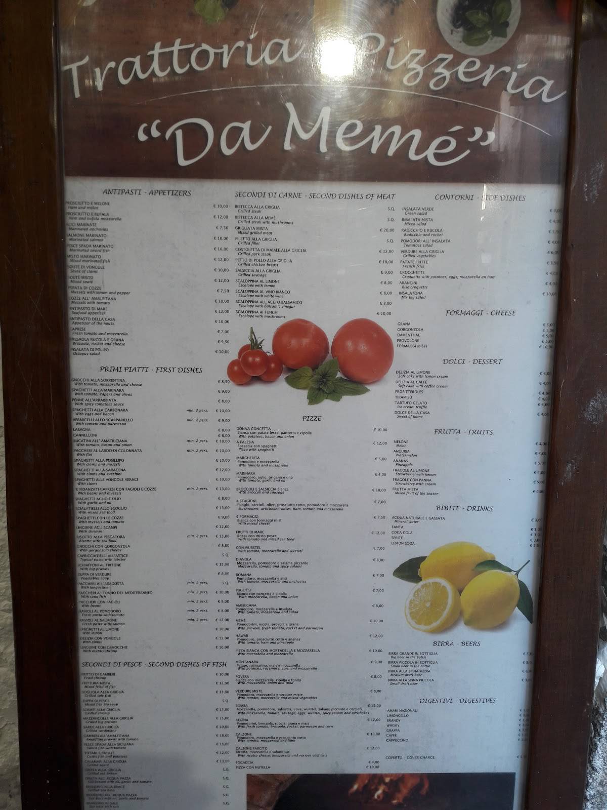 Carta de pizzería Da Memè, Amalfi