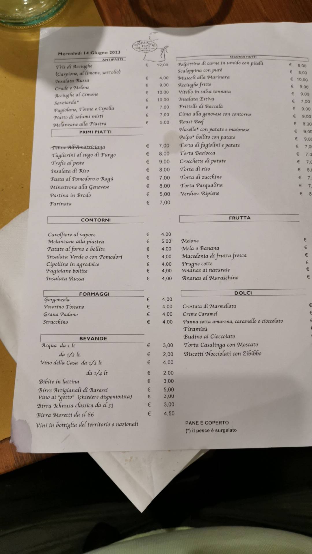 Carta del restaurante Da Vittorio, Chiavari