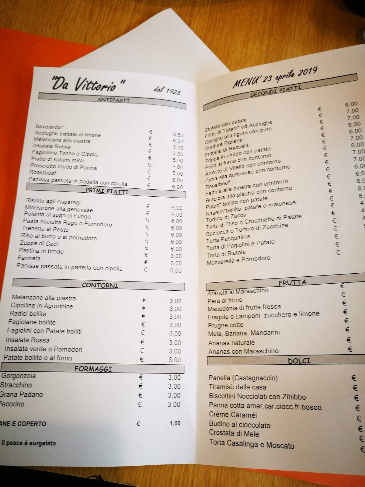 Menu da Da Vittorio ristorante, Chiavari