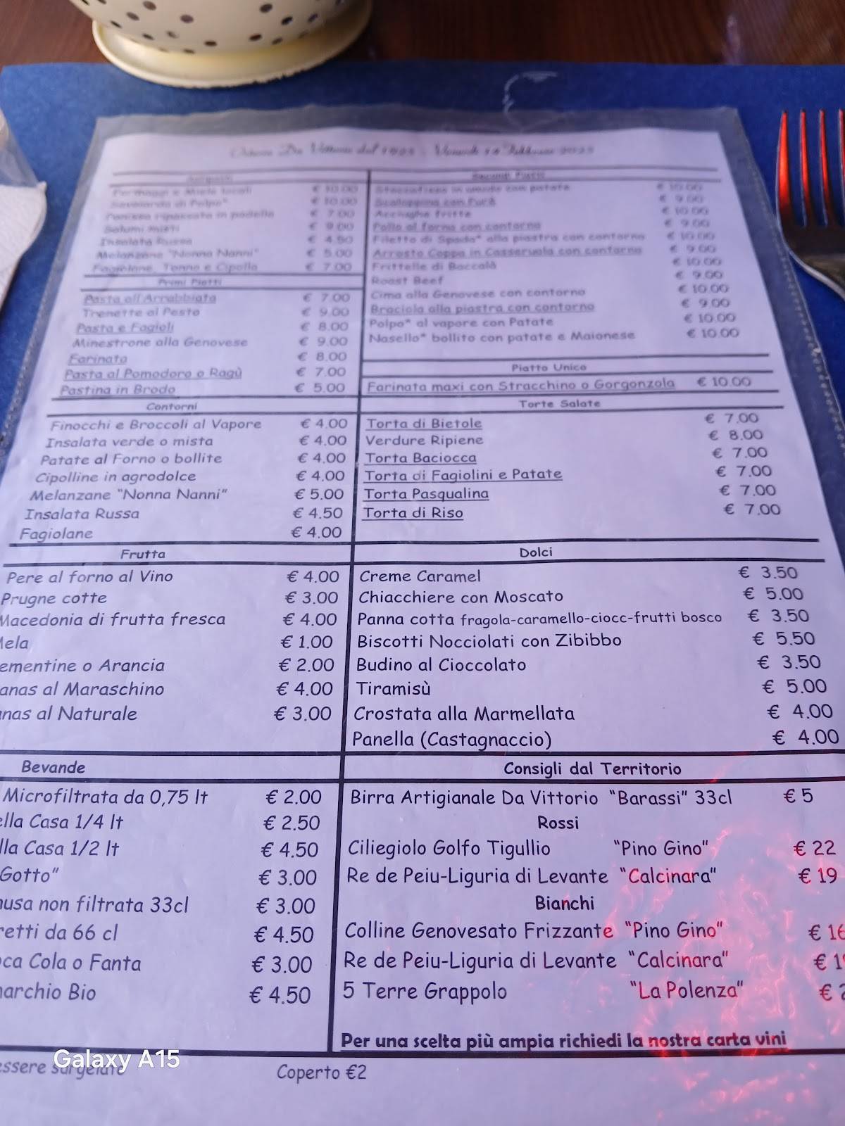 Menu au Da Vittorio restaurant, Chiavari
