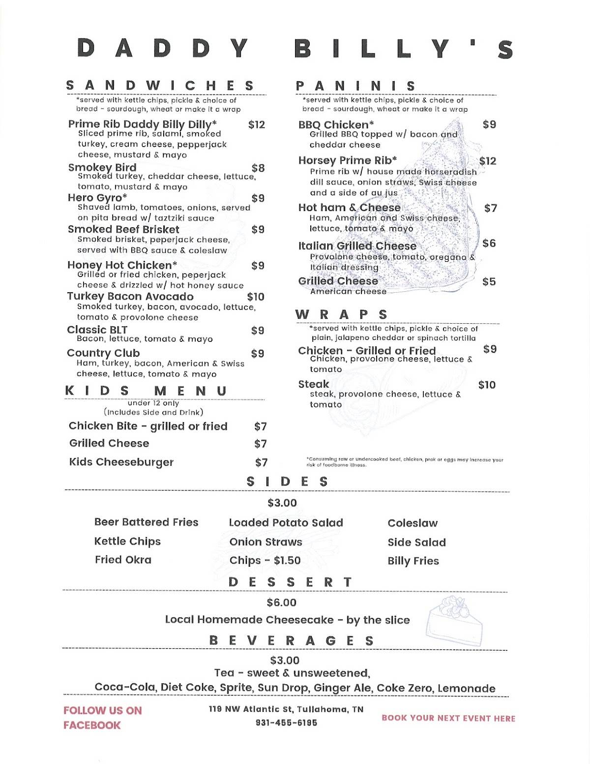 Menu at Daddy Billy's Restaurant & Bar, Tullahoma