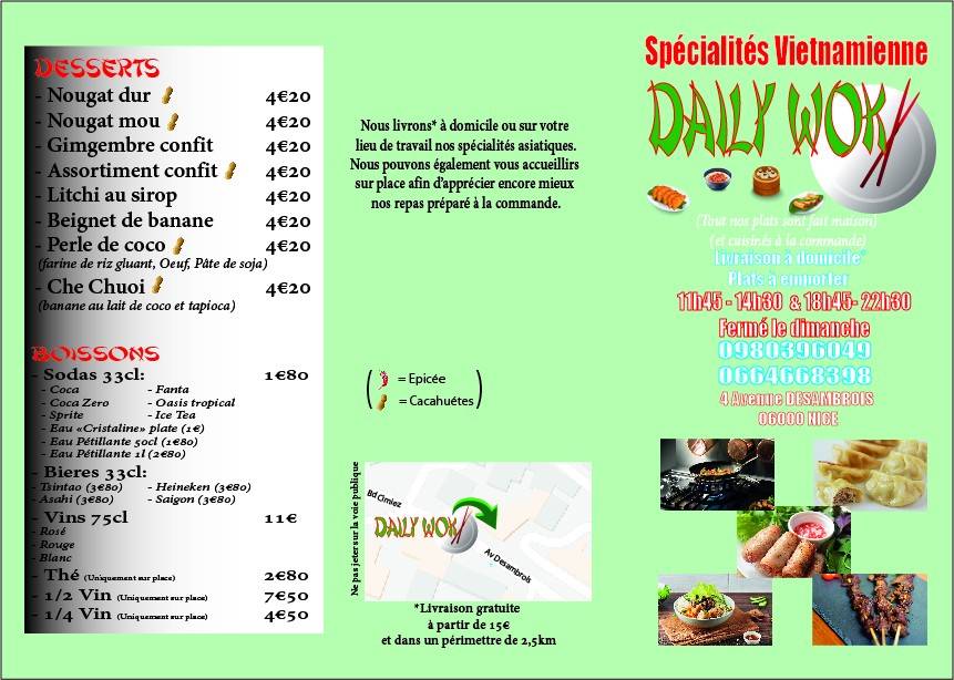Menu au Daily Wok restaurant, Nice