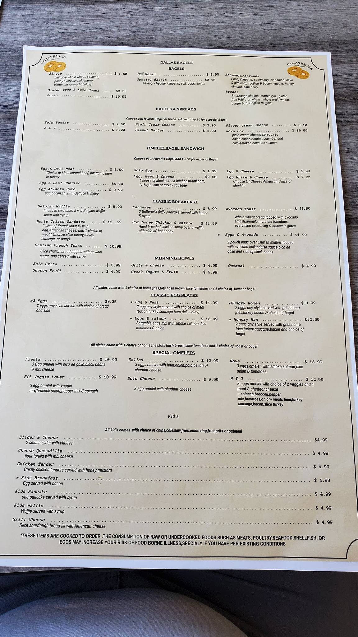 Menu at Dallas Bagels restaurant, Dallas