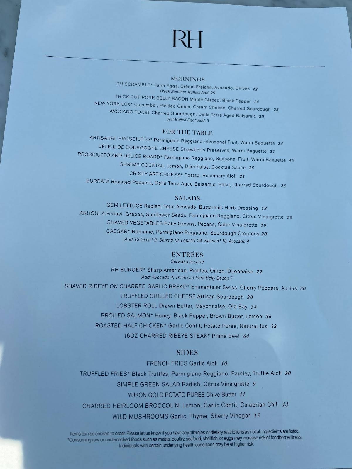 Menu at RH Rooftop Restaurant Dallas, Dallas