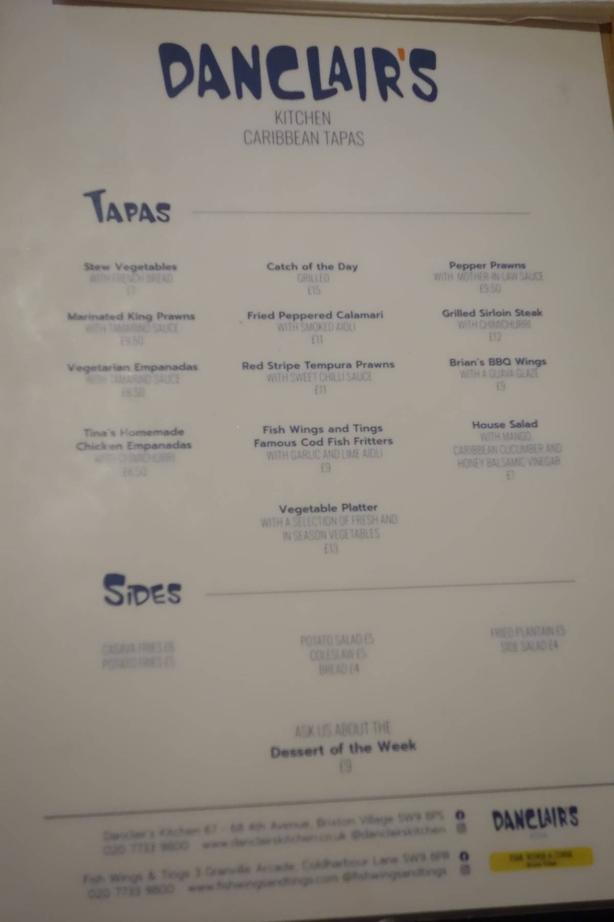 Menu at Danclair's Kitchen restaurant, London