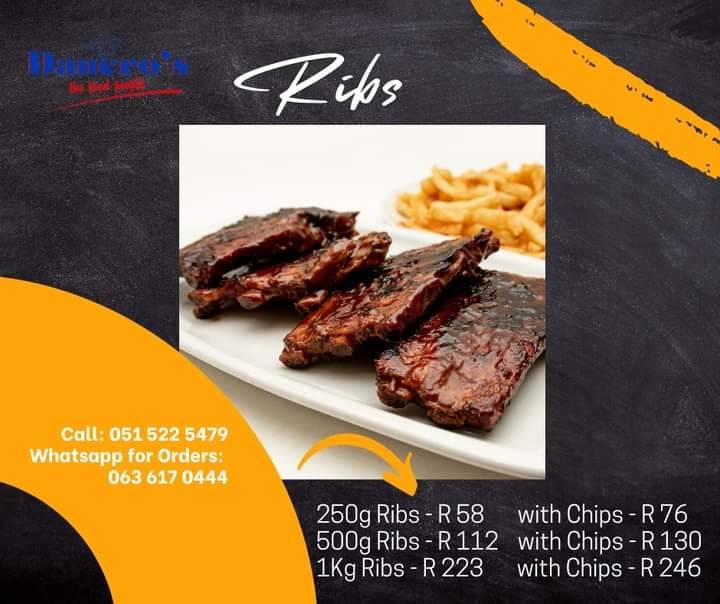 Menu at Danero's restaurant, Bloemfontein