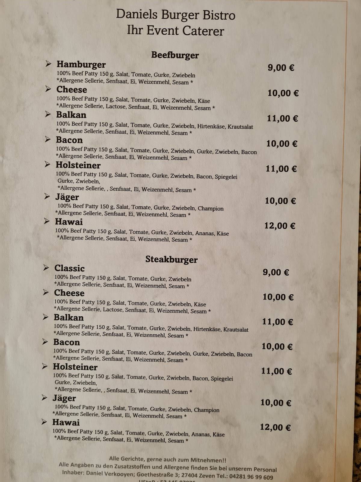 Speisekarte von Daniels Burger Bistro restaurant, Zeven