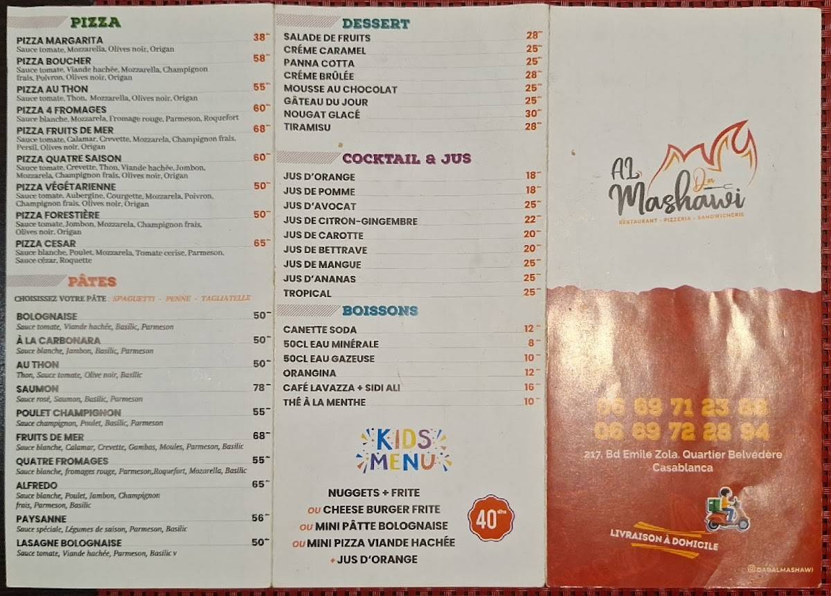 Menu au Dar Al Mashawi restaurant, Casablanca