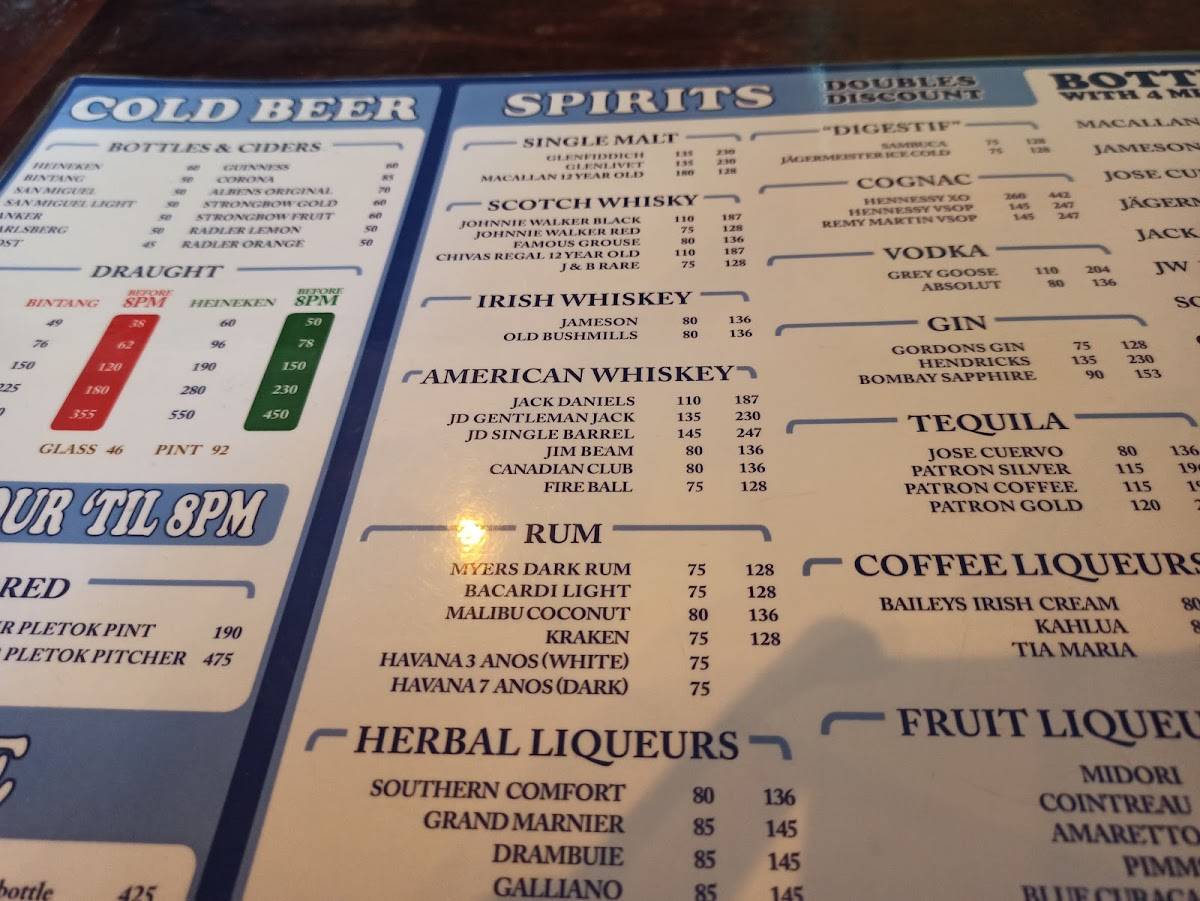 Menu at De Hooi pub & bar, South Jakarta
