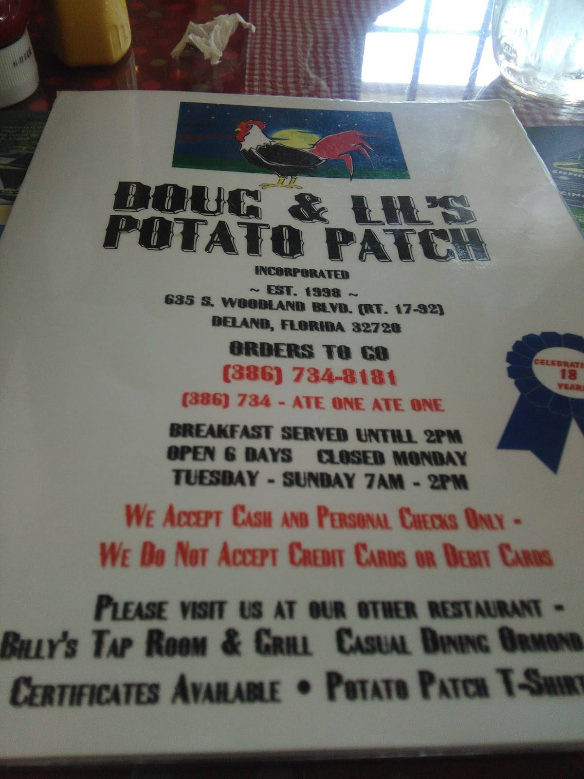Menu at Doug & Lil's Potato Patch restaurant, DeLand