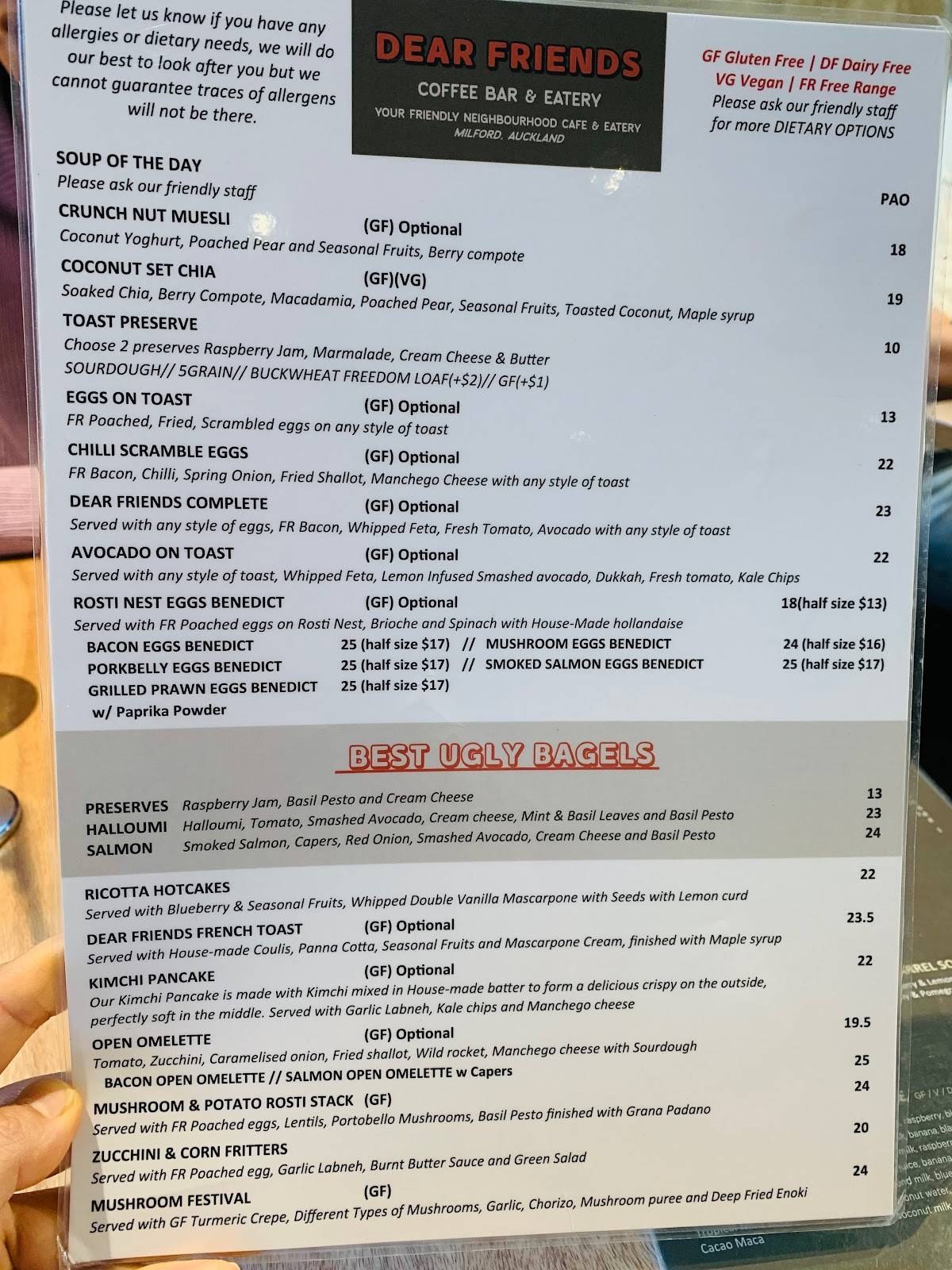 Menu at Dear Friends Cafe, Auckland