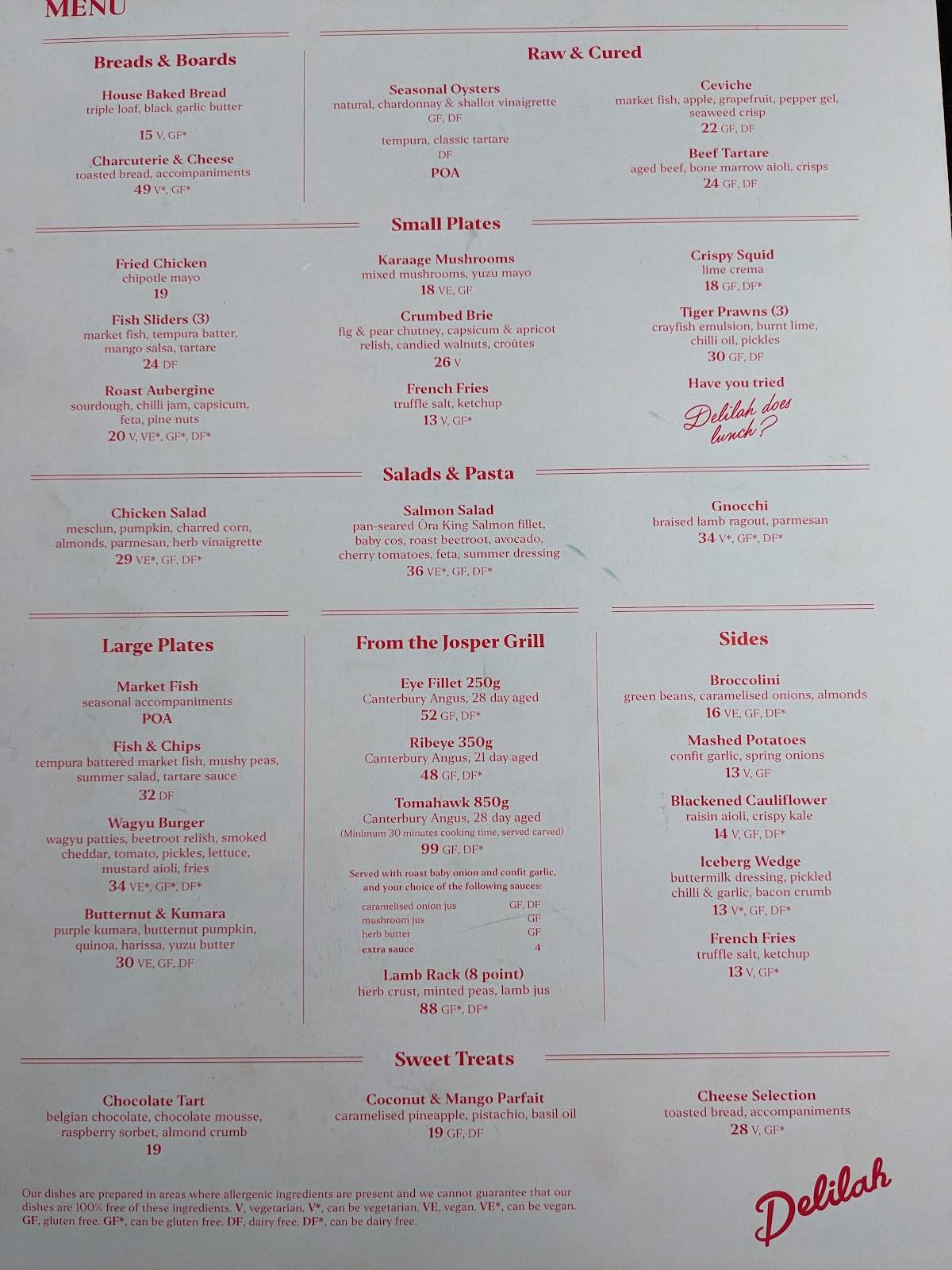 Menu at Delilah restaurant, Christchurch