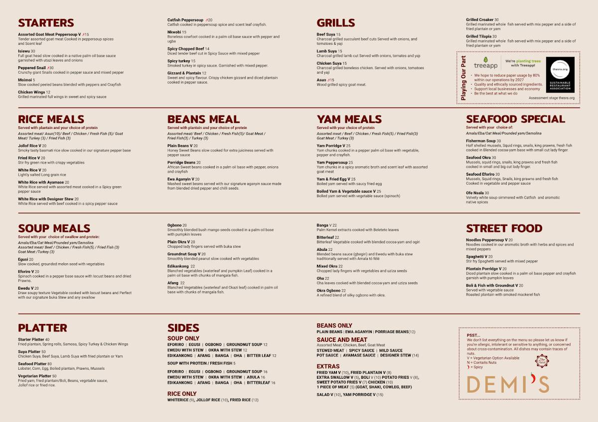 Menu at Demi’s restaurant, London