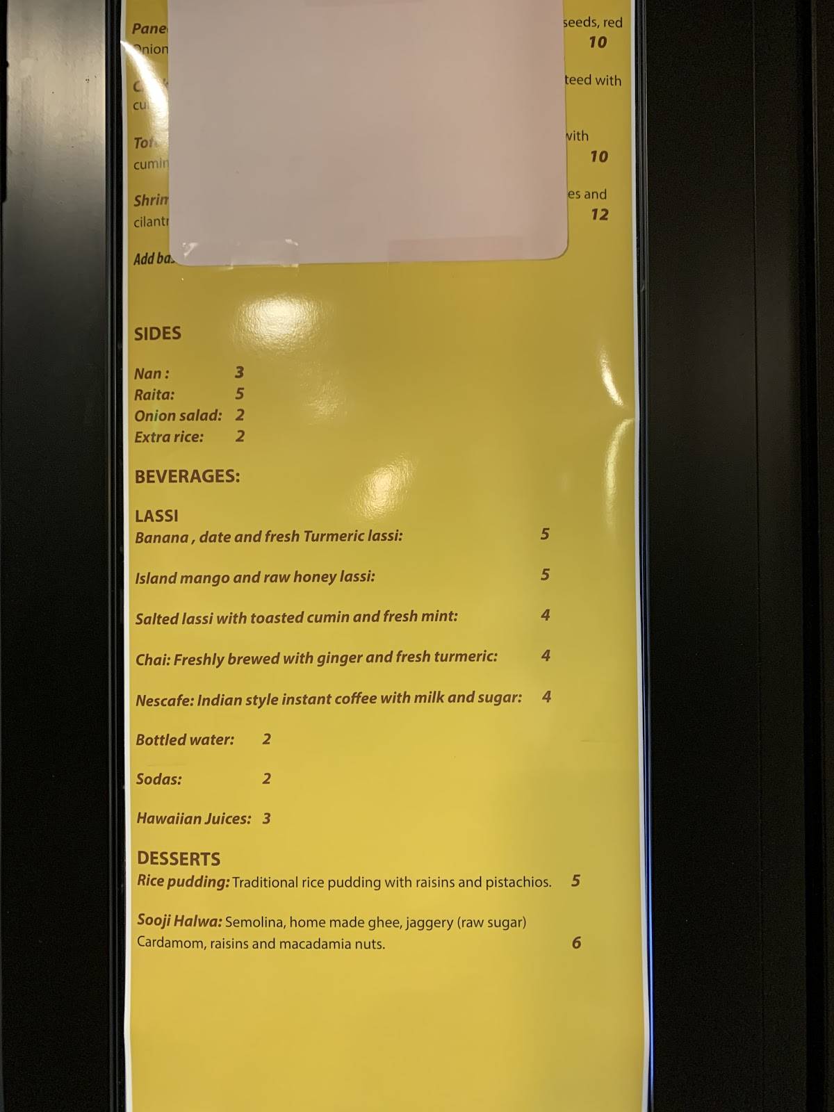 Menu at Desi's Indian Curry restaurant, Honolulu