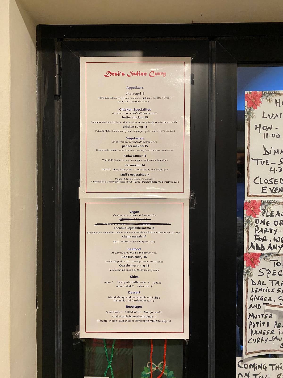 Menu at Desi's Indian Curry restaurant, Honolulu