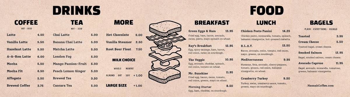 Menu at Hannah Coffee desserts, San Jose