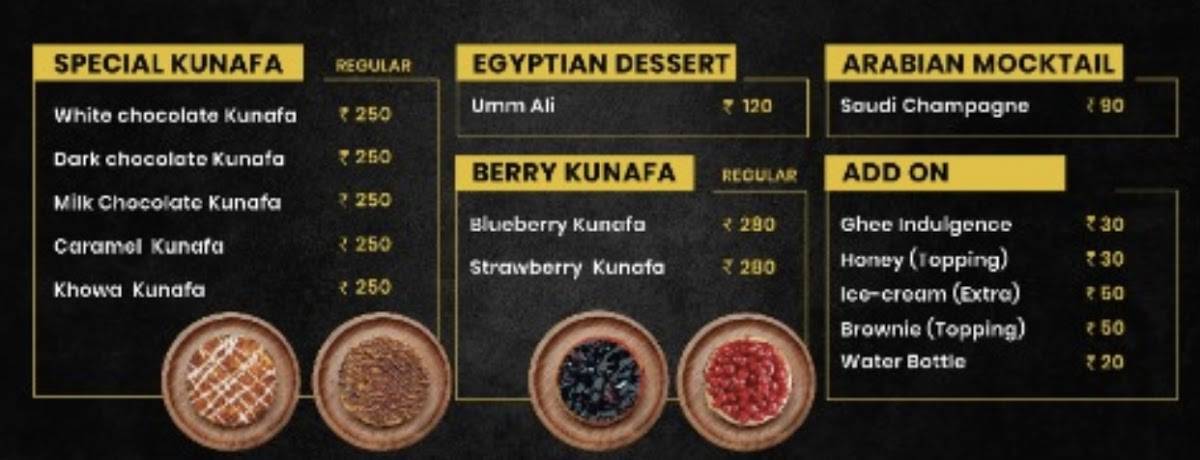 Menu at The Kunafa Station, Hyderabad, Old Mumbai Hwy