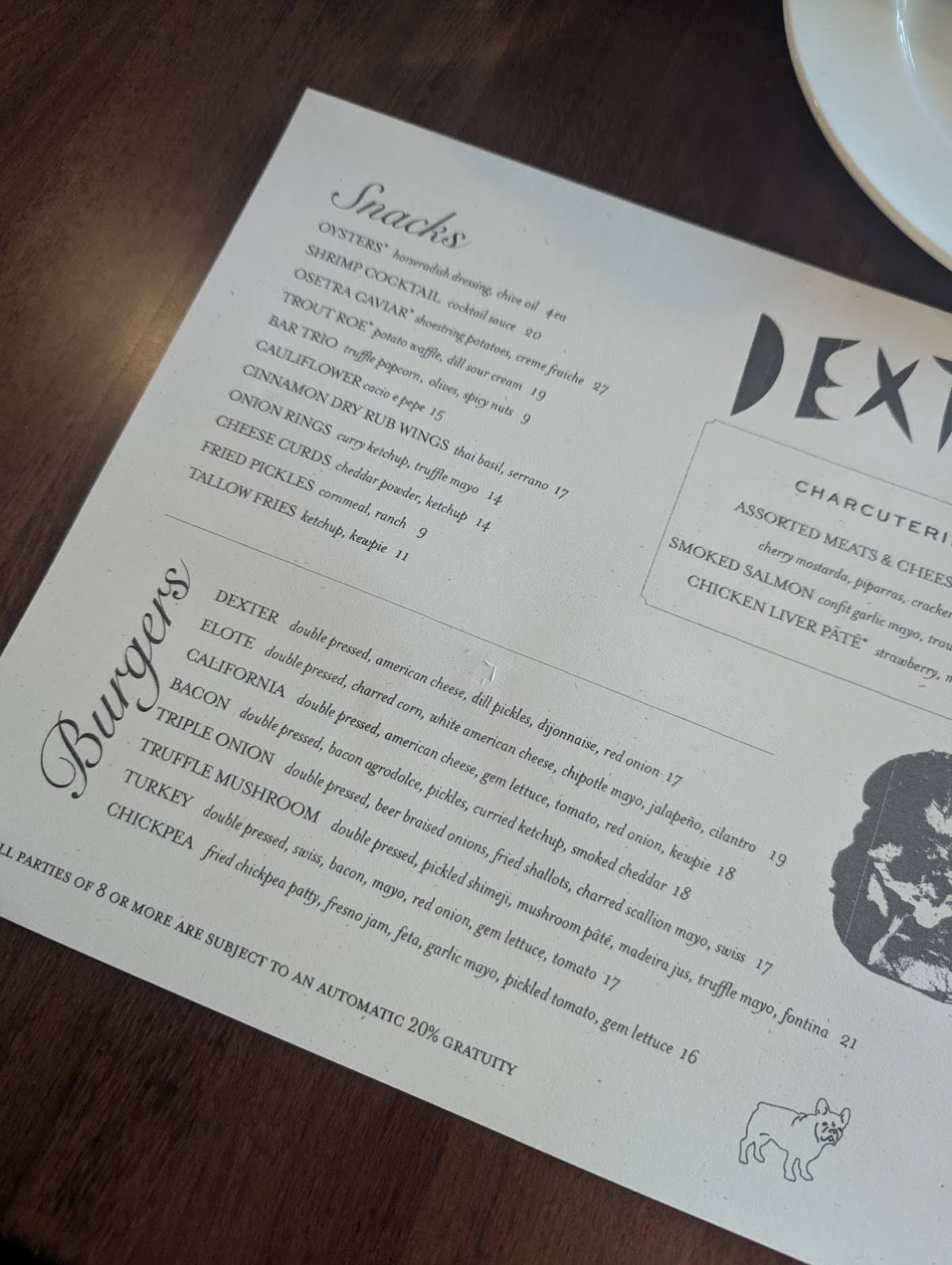 Menu at Dexter's pub & bar, Minneapolis