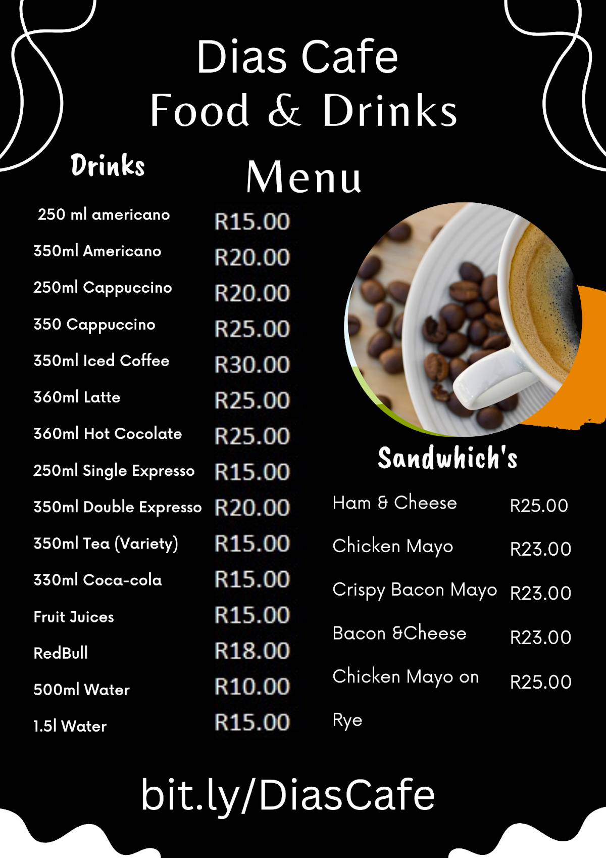 Menu at Dias Café, Pretoria