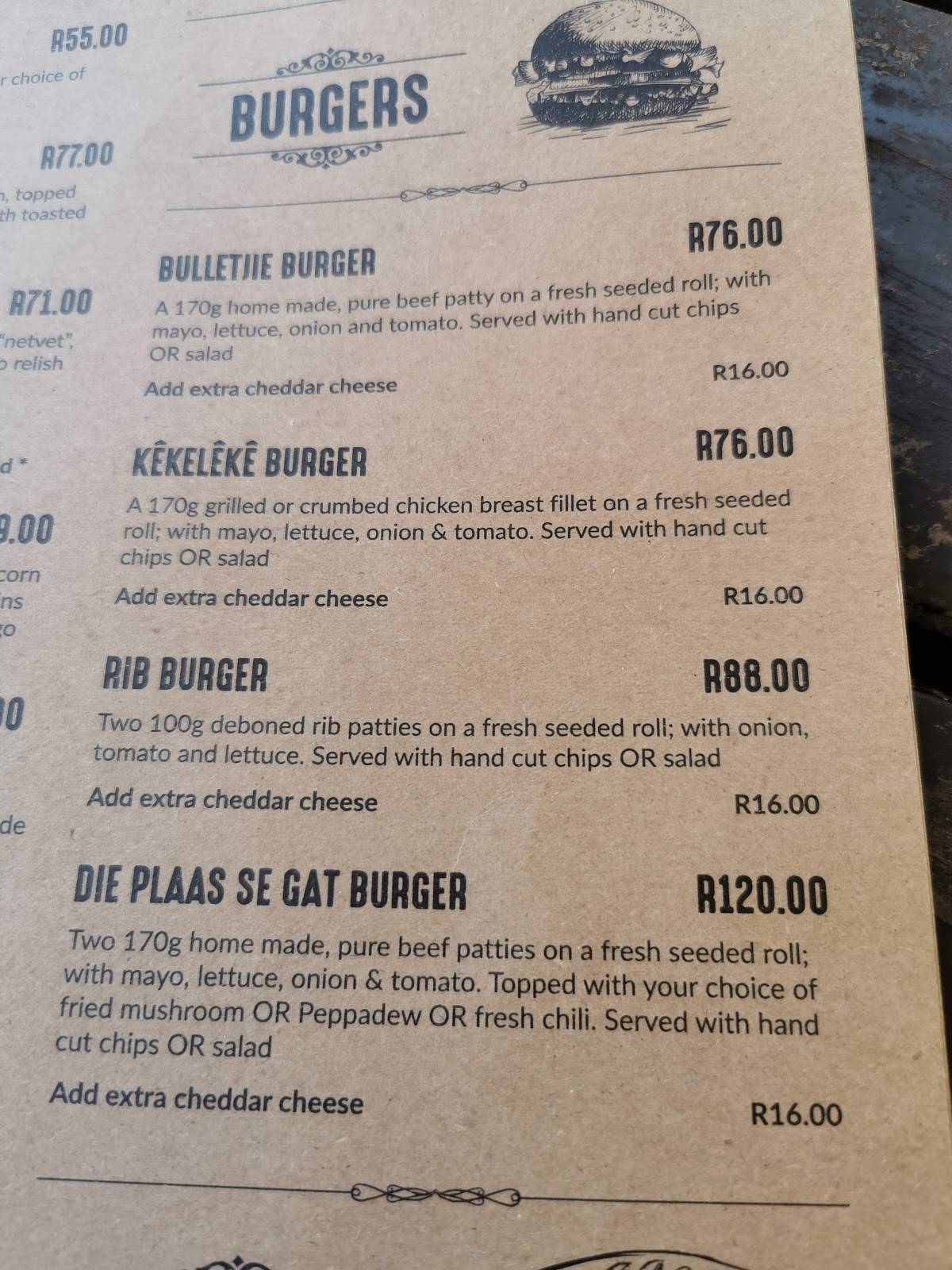 Menu at Die Plaas se Gat Restaurant, Hartbeespoort, Road 4048 R560 ...