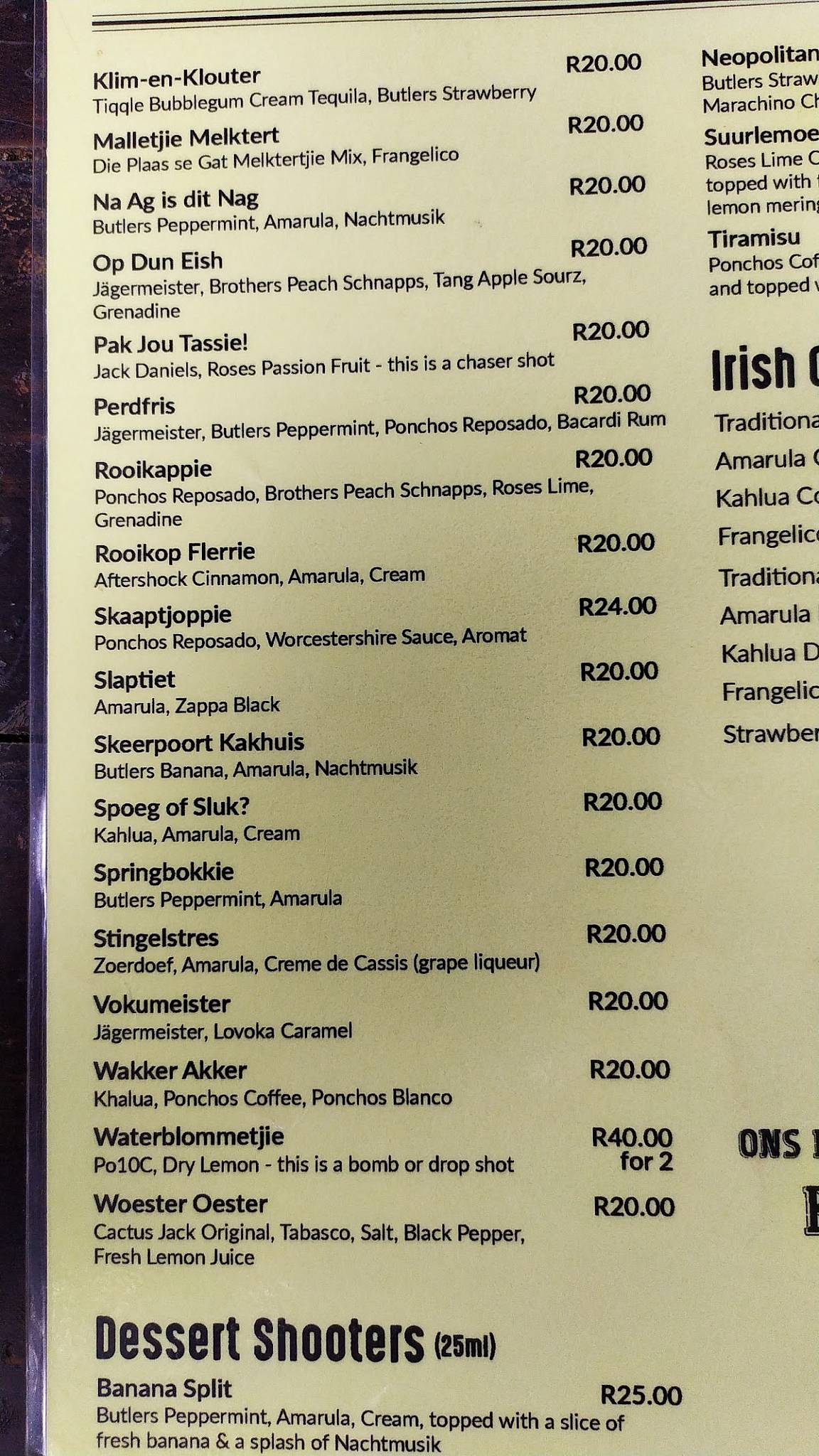Menu at Die Plaas se Gat Restaurant, Hartbeespoort, Road 4048 R560 ...