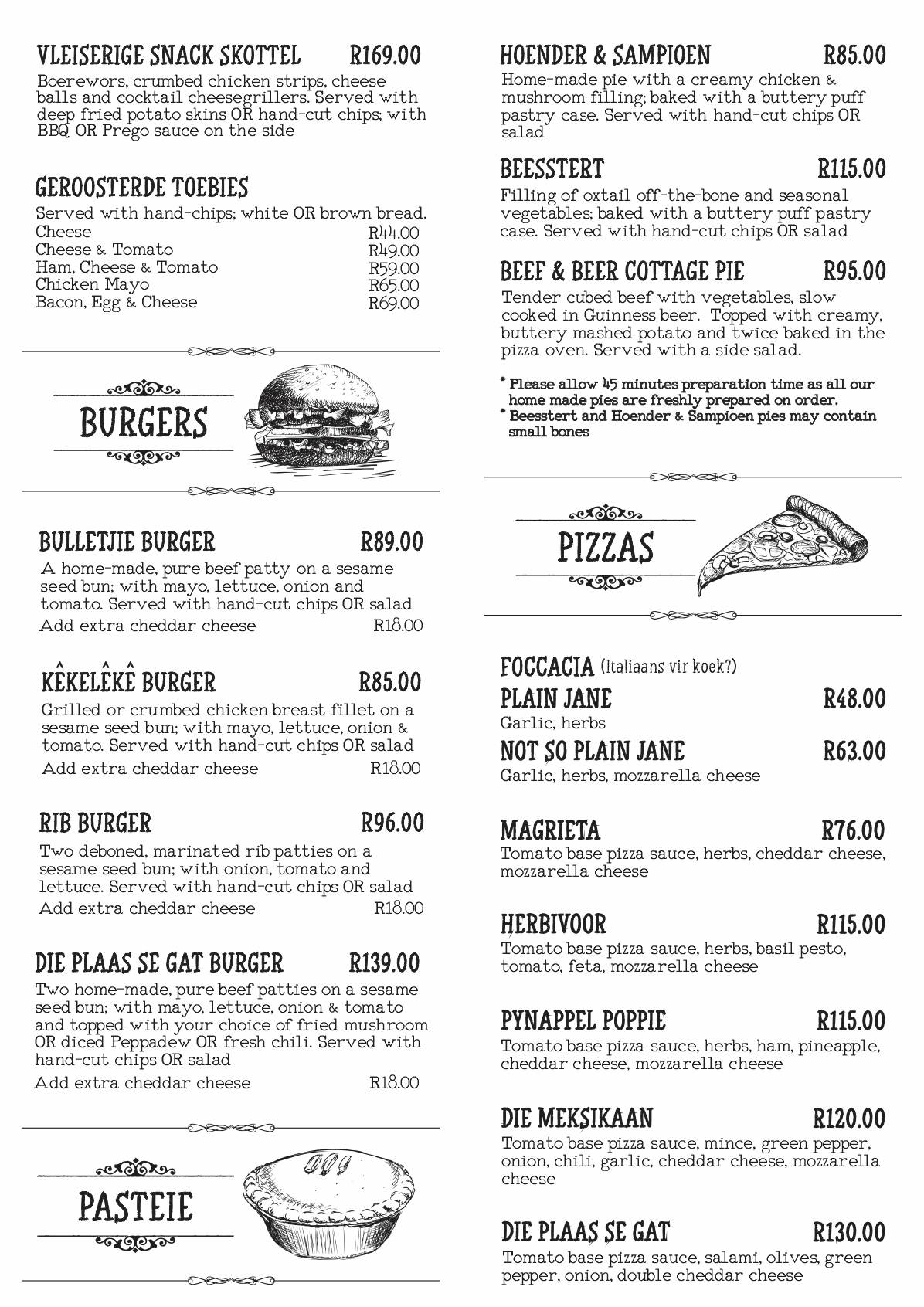Menu at Die Plaas se Gat Restaurant, Hartbeespoort, Road 4048 R560 ...