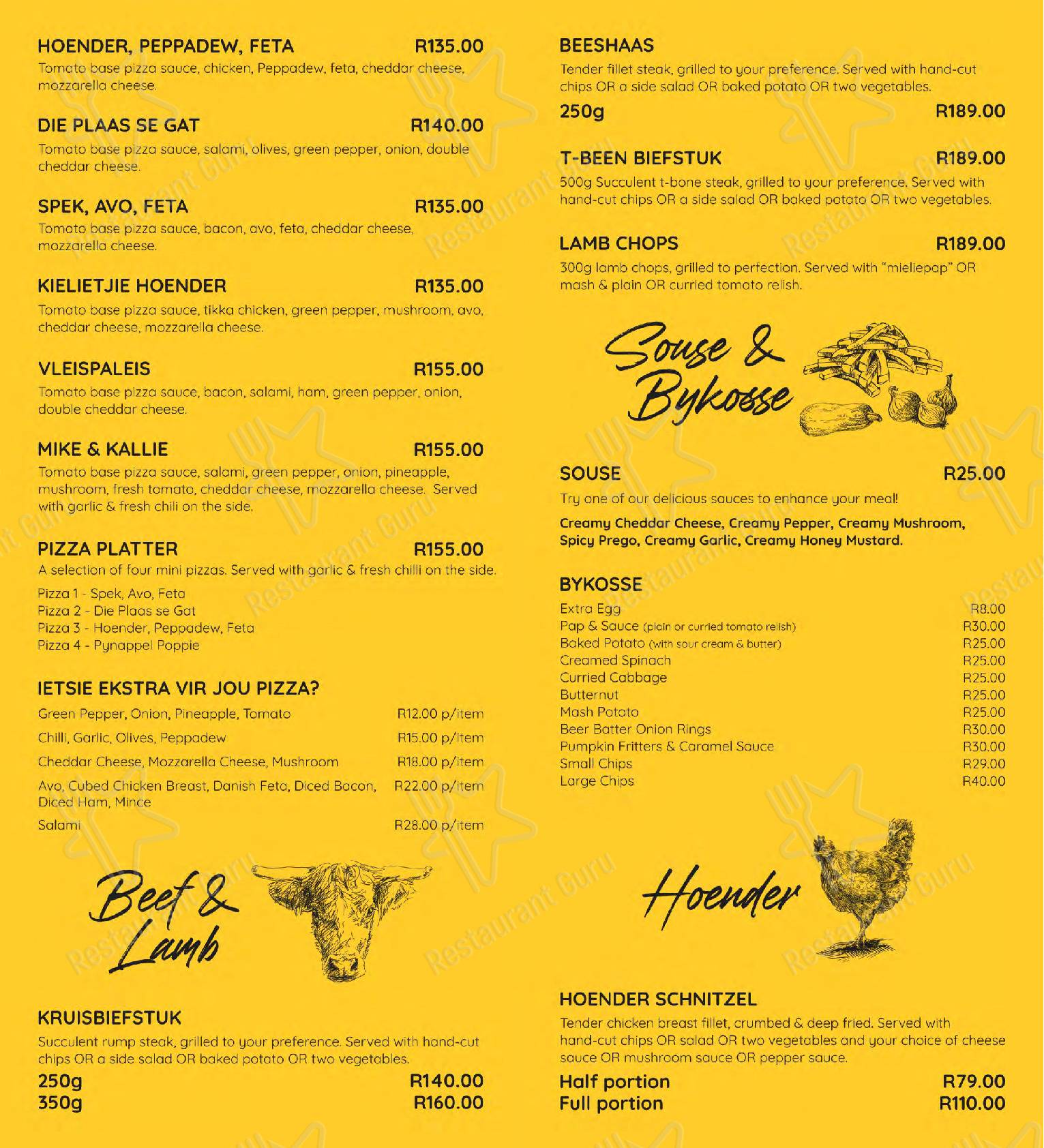 Menu at Die Plaas se Gat Restaurant, Hartbeespoort, Road 4048