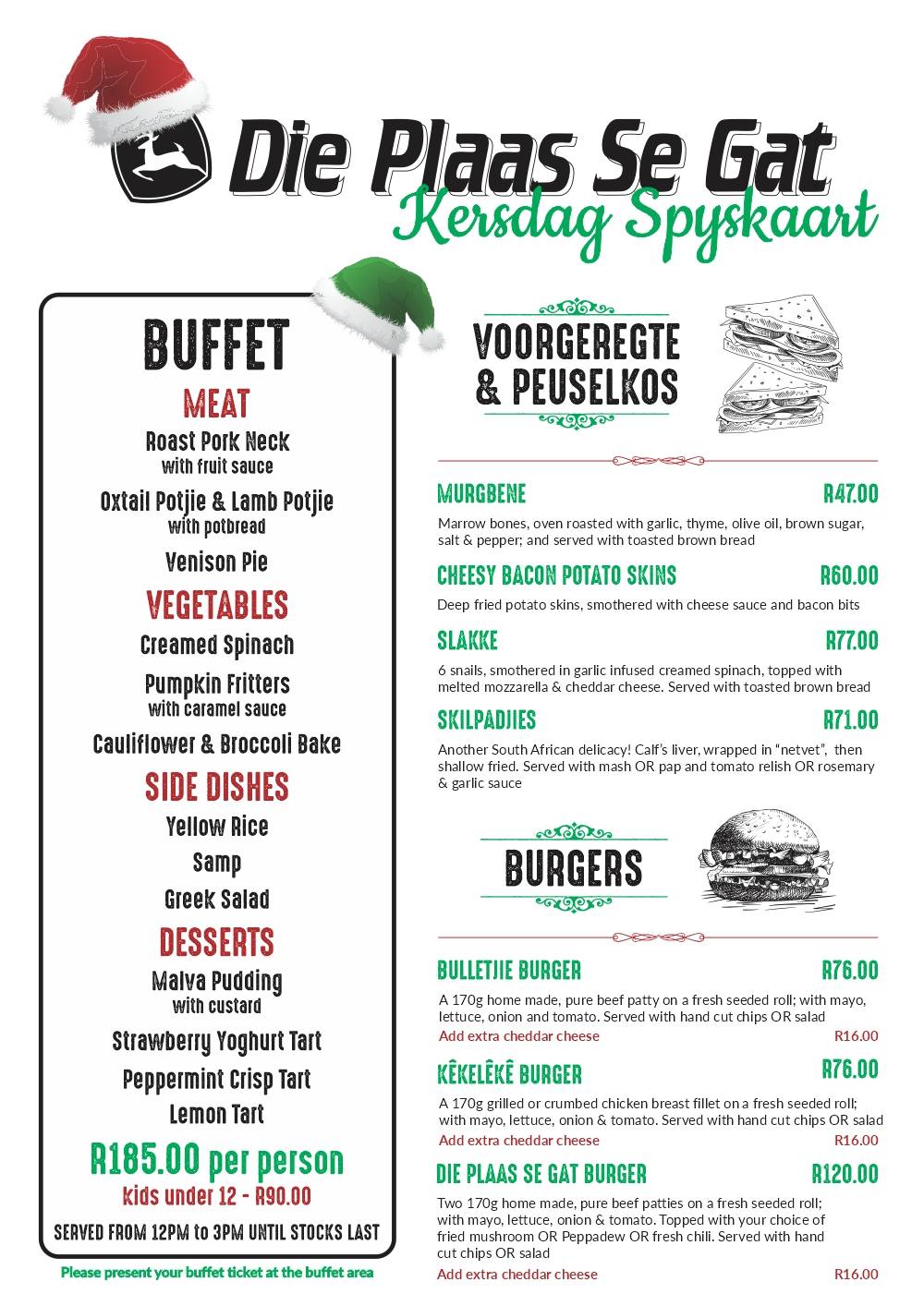 Menu at Die Plaas se Gat Restaurant, Hartbeespoort, Road 4048 R560 ...