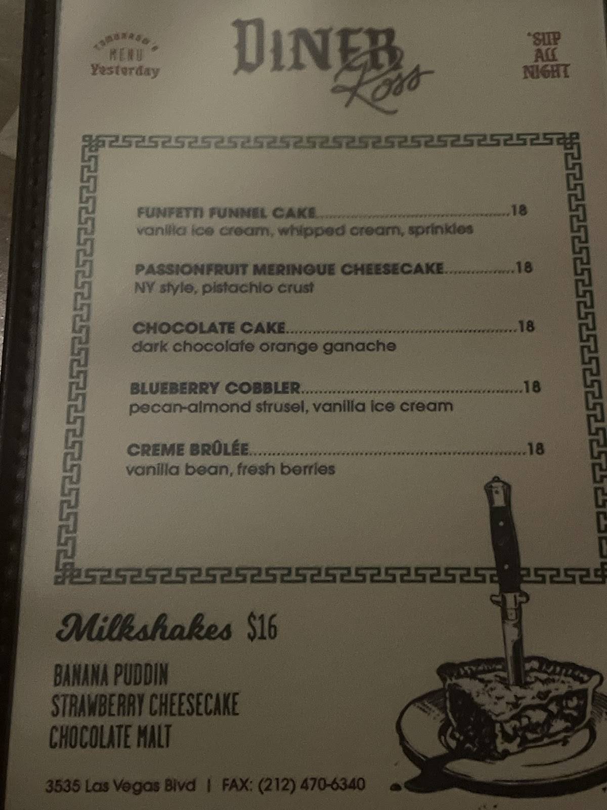 Menu at Diner Ross pub & bar, Las Vegas