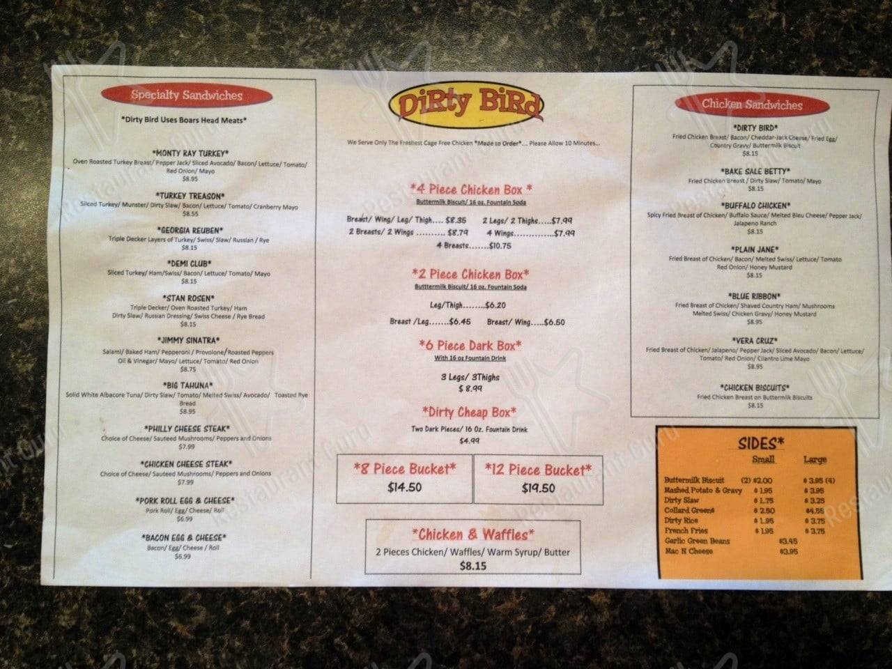 Menu at Dirty Bird restaurant, Morgantown