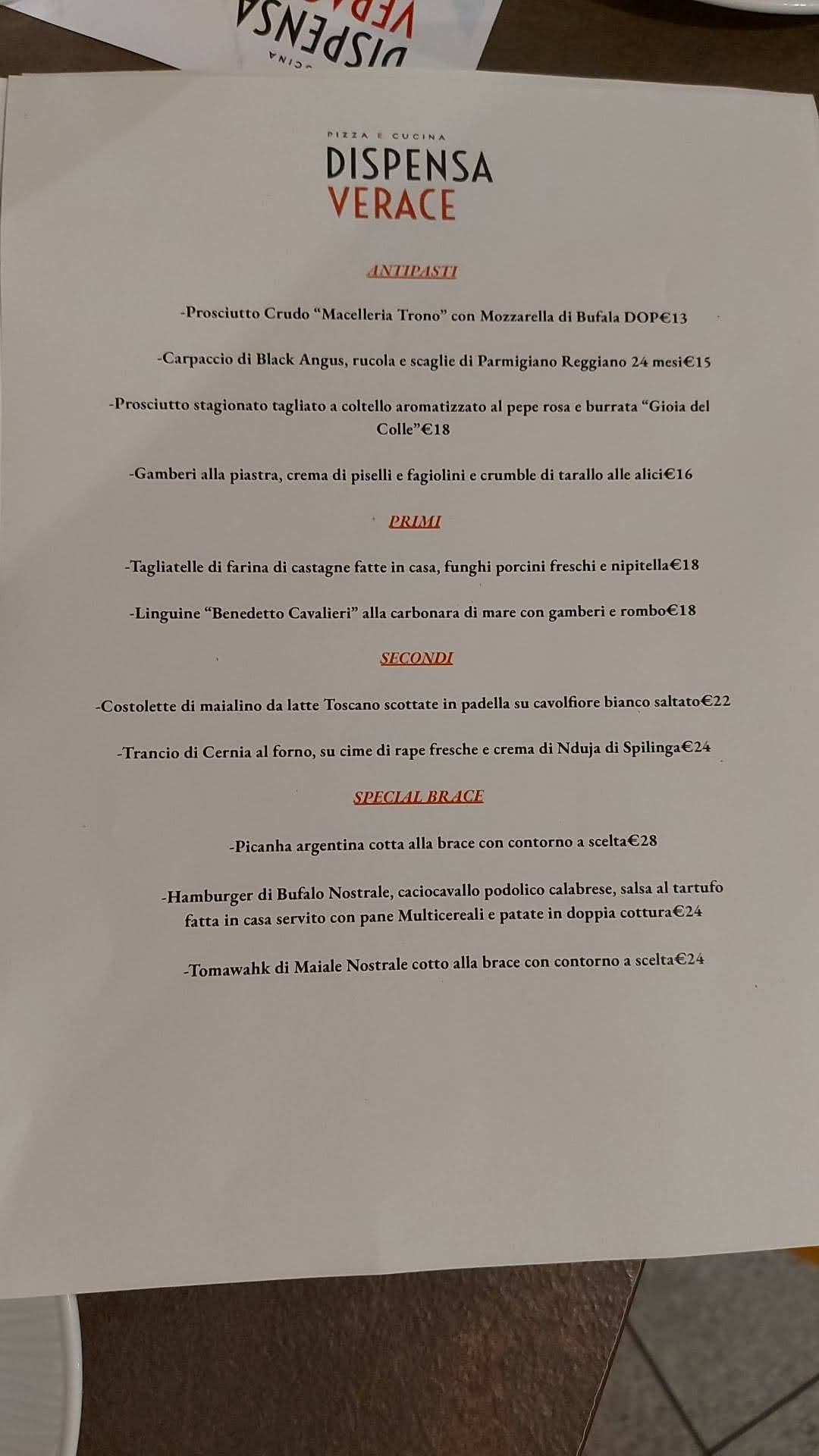 Menu da Dispensa Verace steakhouse, Firenze