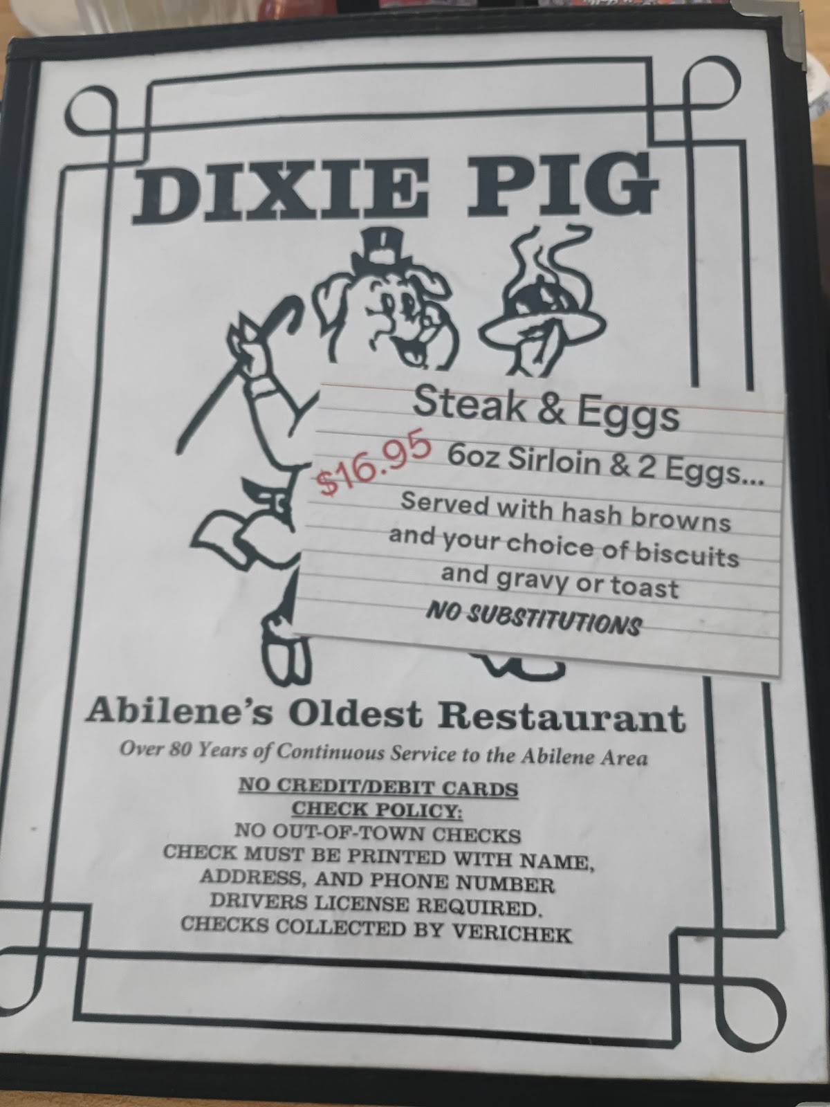 Menu at Dixie Pig restaurant, Abilene, Butternut St