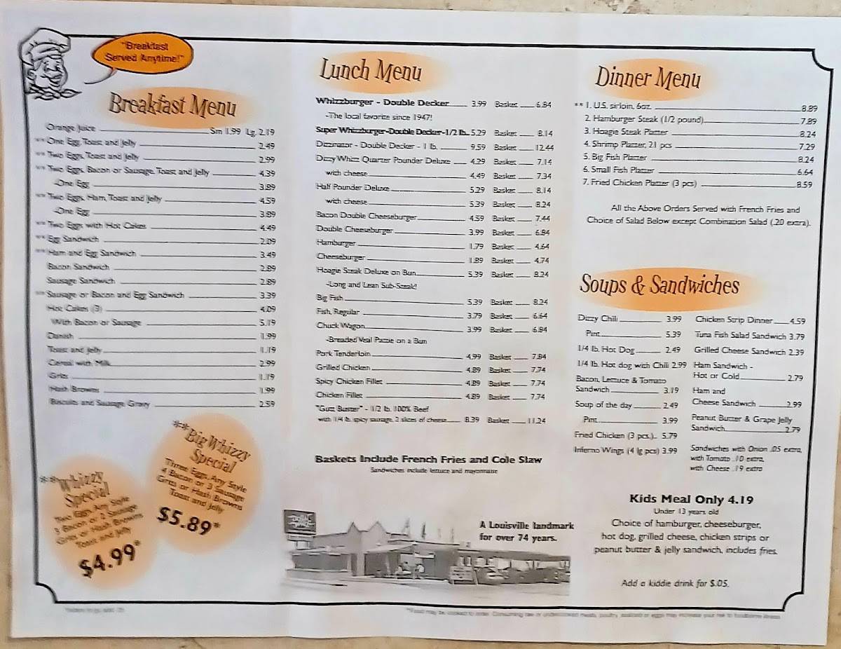 Menu at Dizzy Whizz Drive-In restaurant, Louisville