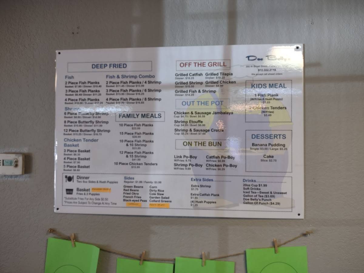 Menu at Doe Belly's restaurant, Forney