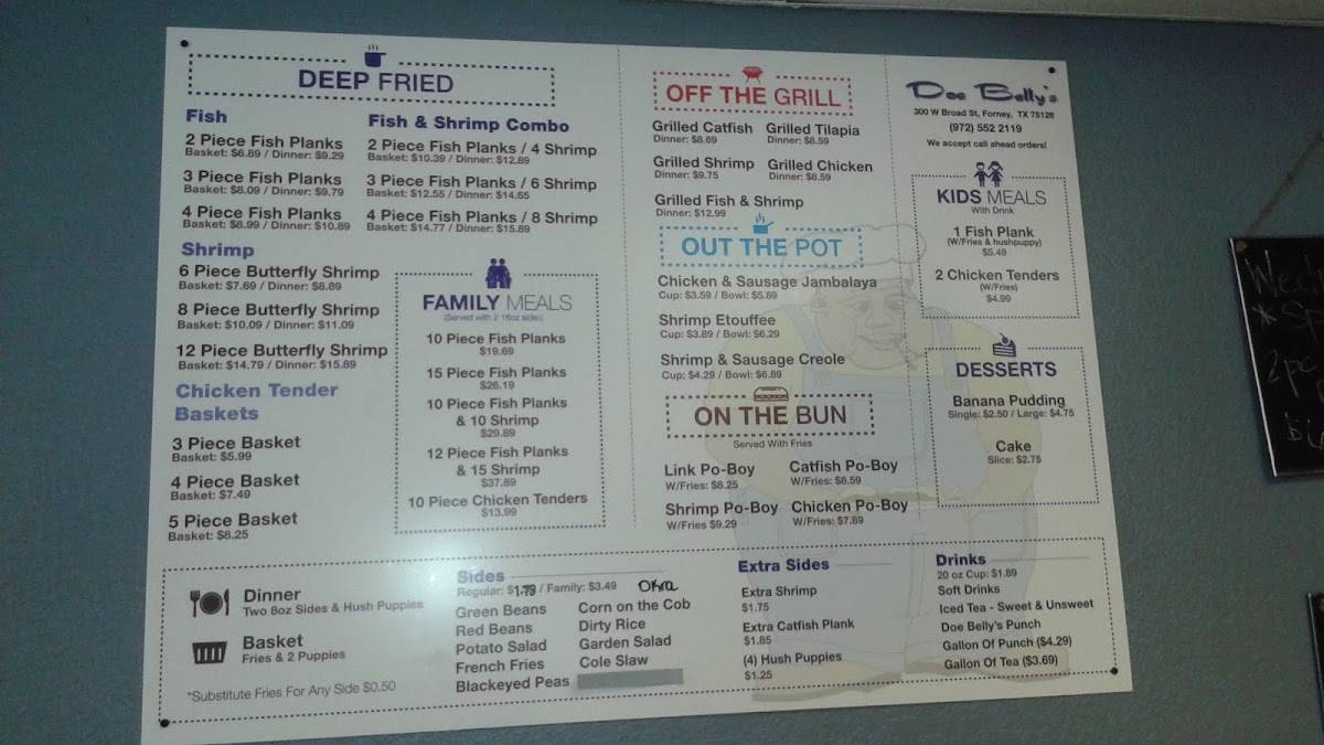 Menu at Doe Belly's restaurant, Forney