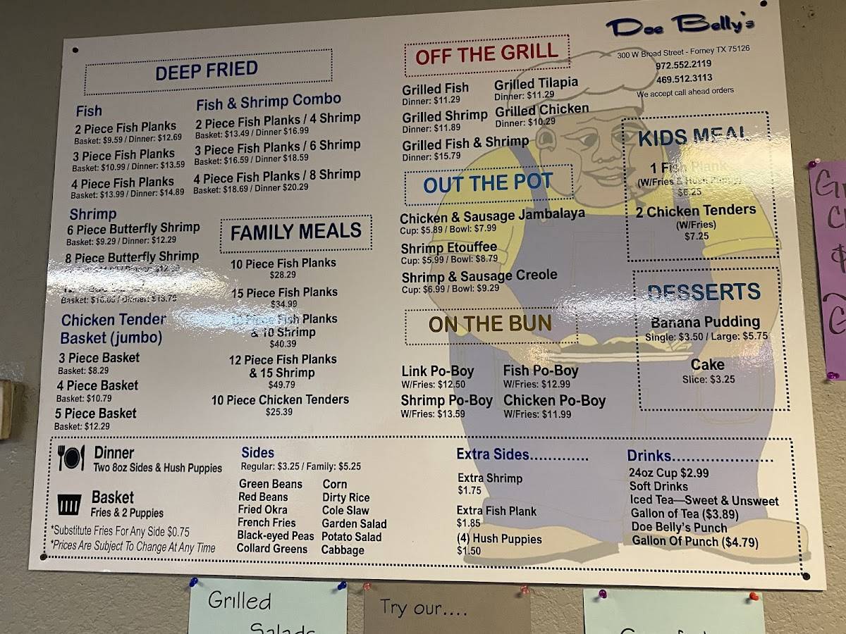 Menu at Doe Belly's restaurant, Forney