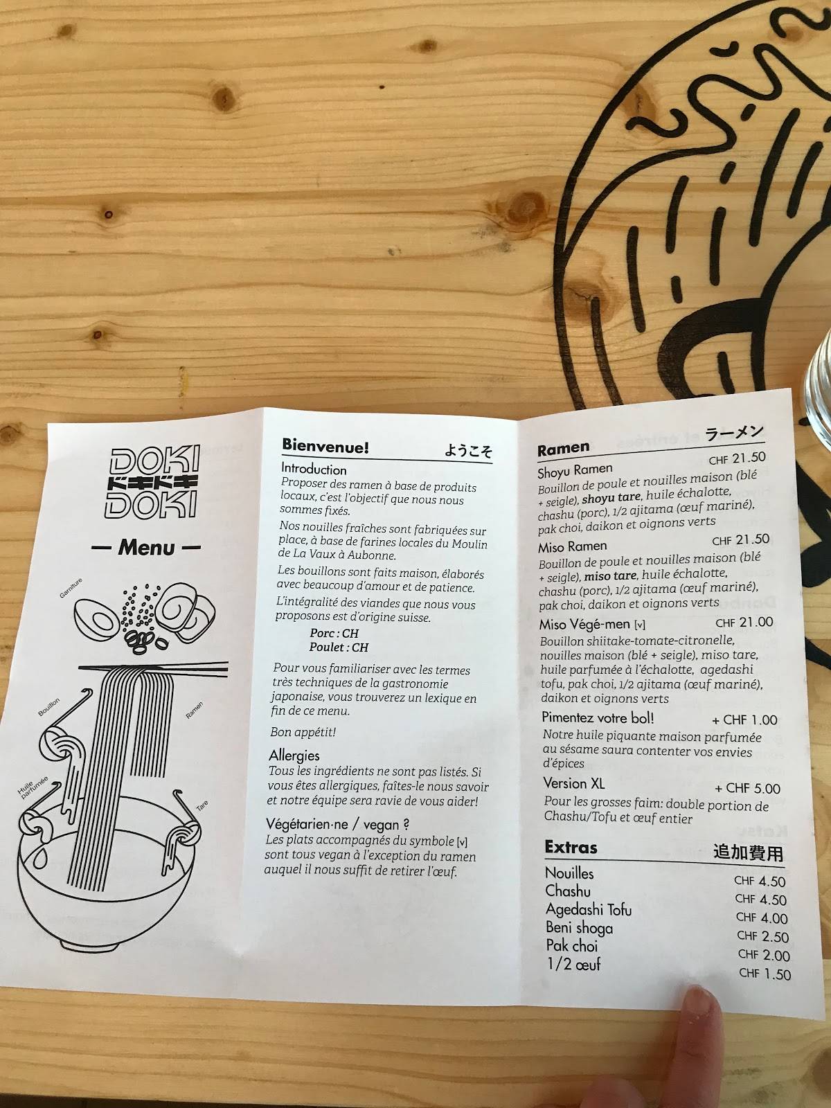 Menu au Doki Doki, Lausanne