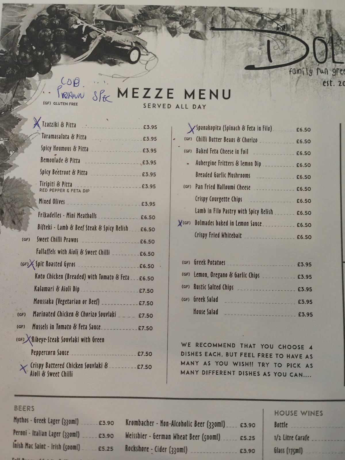 Menu at Dollakis restaurant, Enniskillen