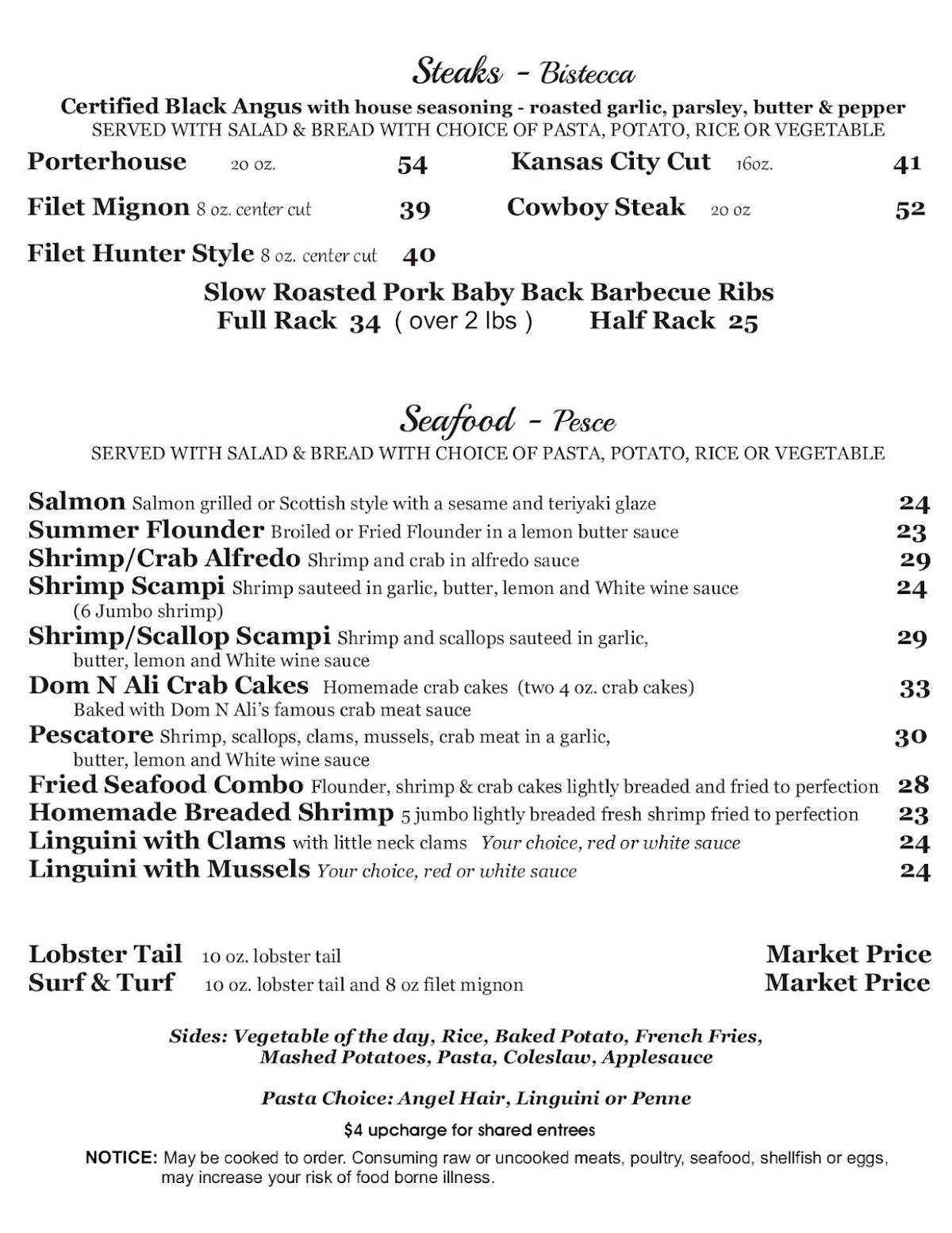 Menu at Dom N Ali steakhouse, Jim Thorpe