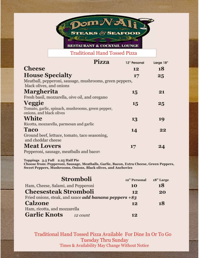 Menu at Dom N Ali steakhouse, Jim Thorpe