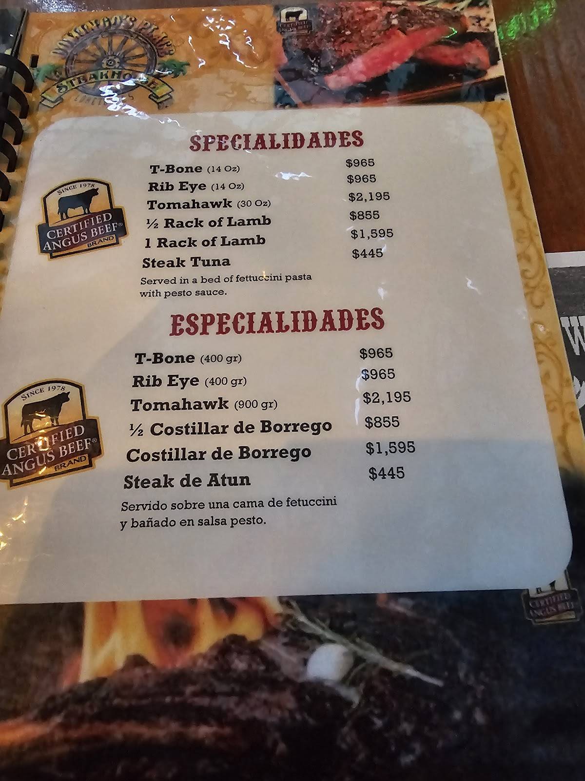 Menu at Domingo's steak house & sea food steakhouse, Loreto
