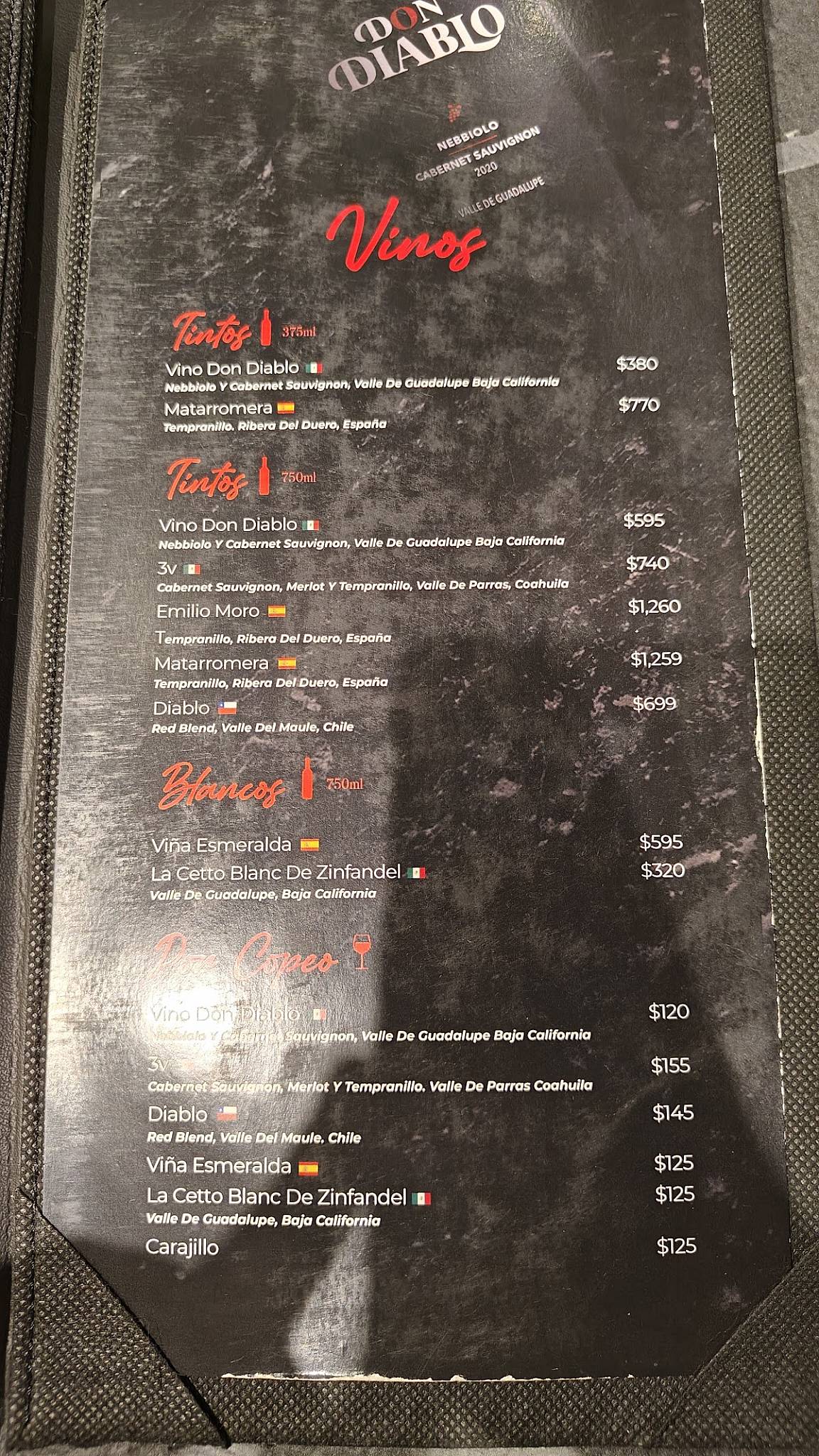 Carta del restaurante Don Diablo, Zapopan