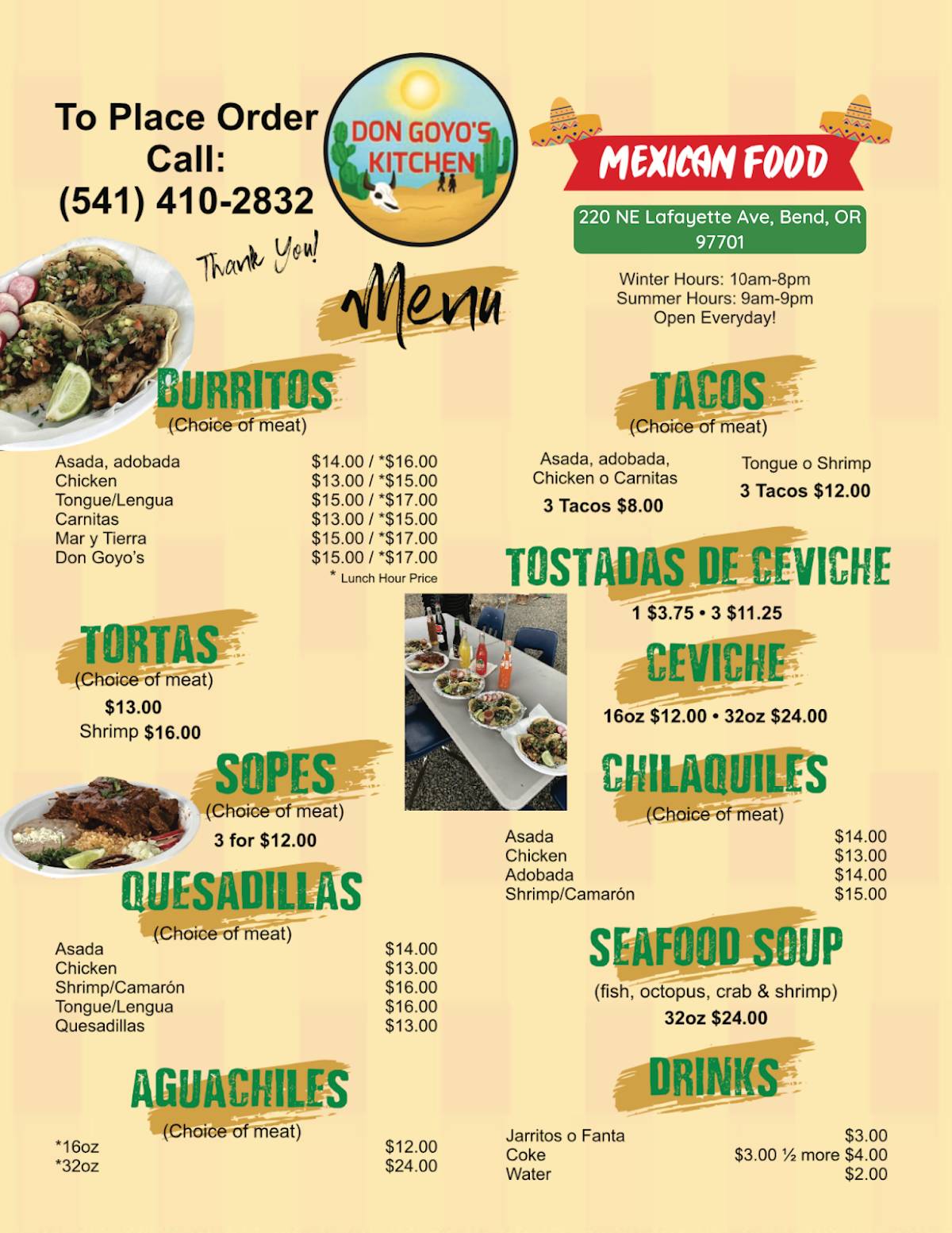 Menu at Don Goyo's Kitchen restaurant, Bend