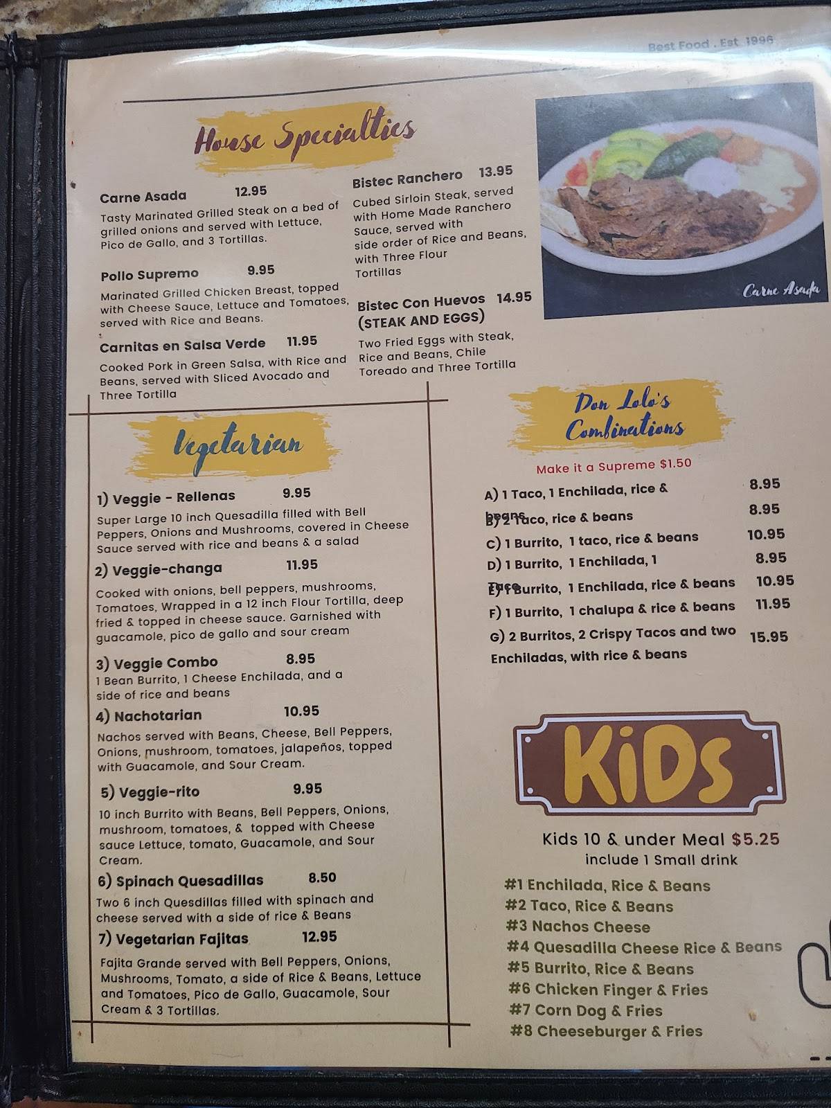 Menu at Don Lolo's Mexican Restaurant, Dalton