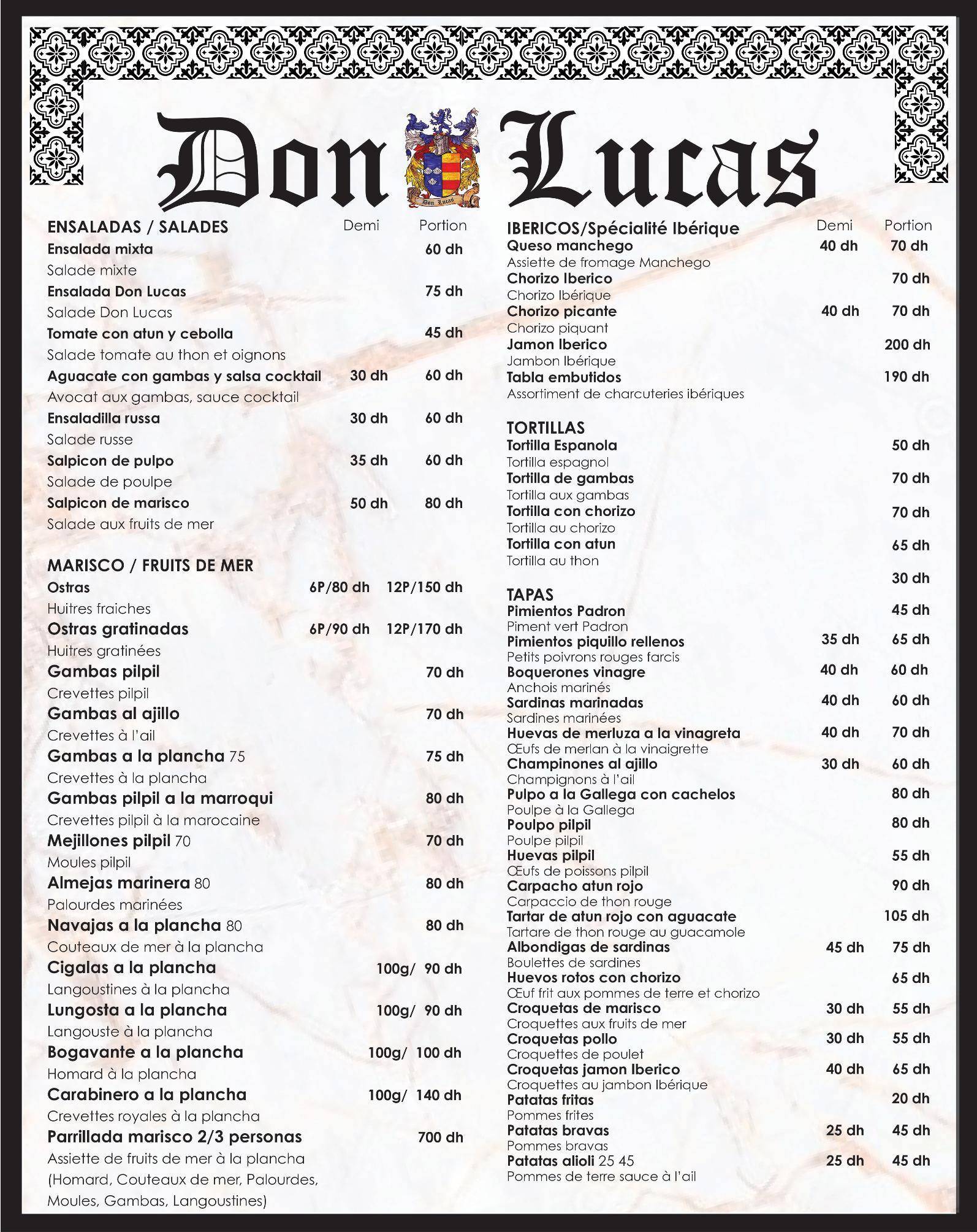 Menu au Don Lucas restaurant, Casablanca