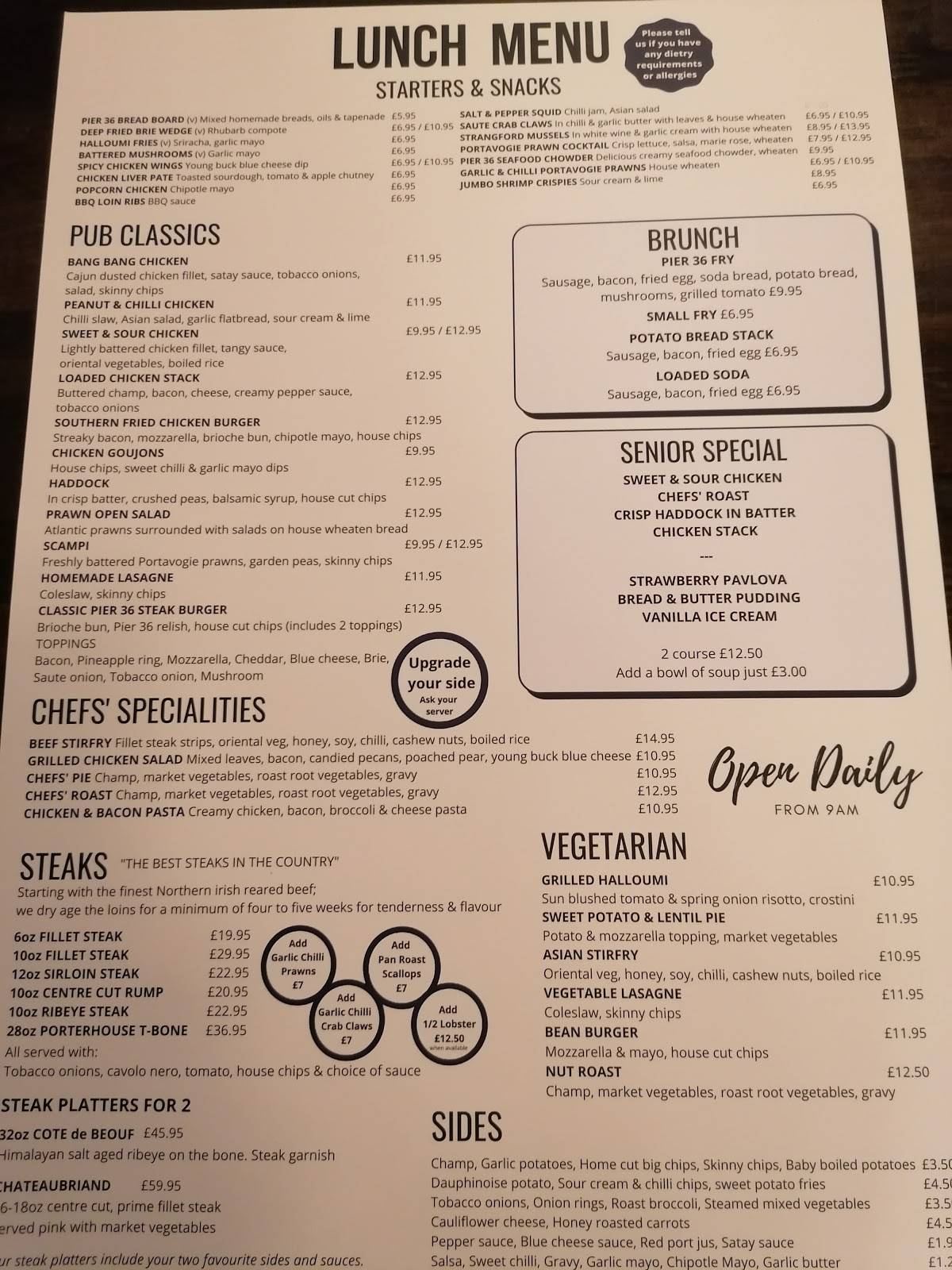 Menu at Pier 36 pub & bar, Donaghadee