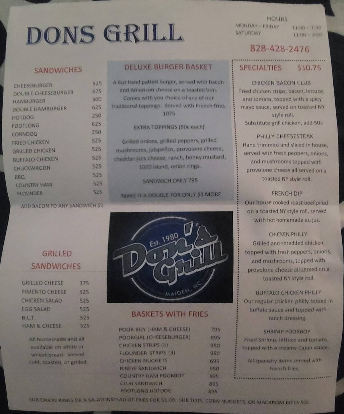 Menu at Don's Grill fast food, Maiden