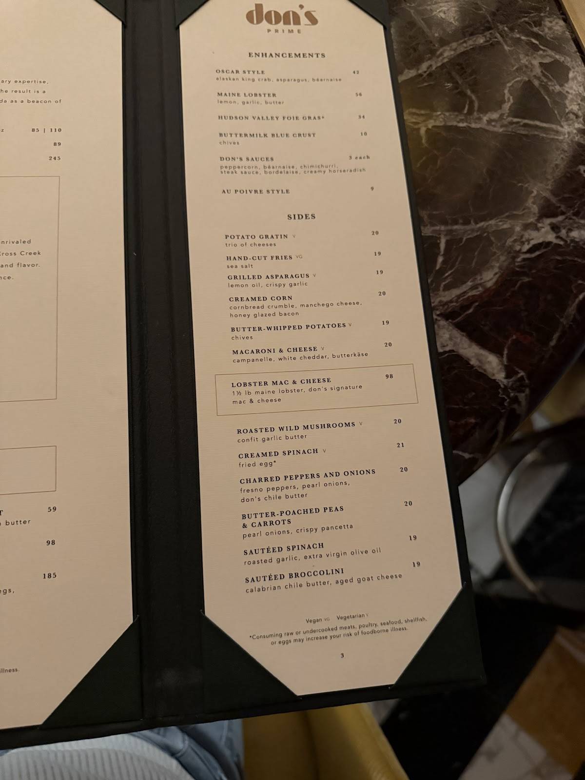 Menu at Don's Prime steakhouse, Las Vegas
