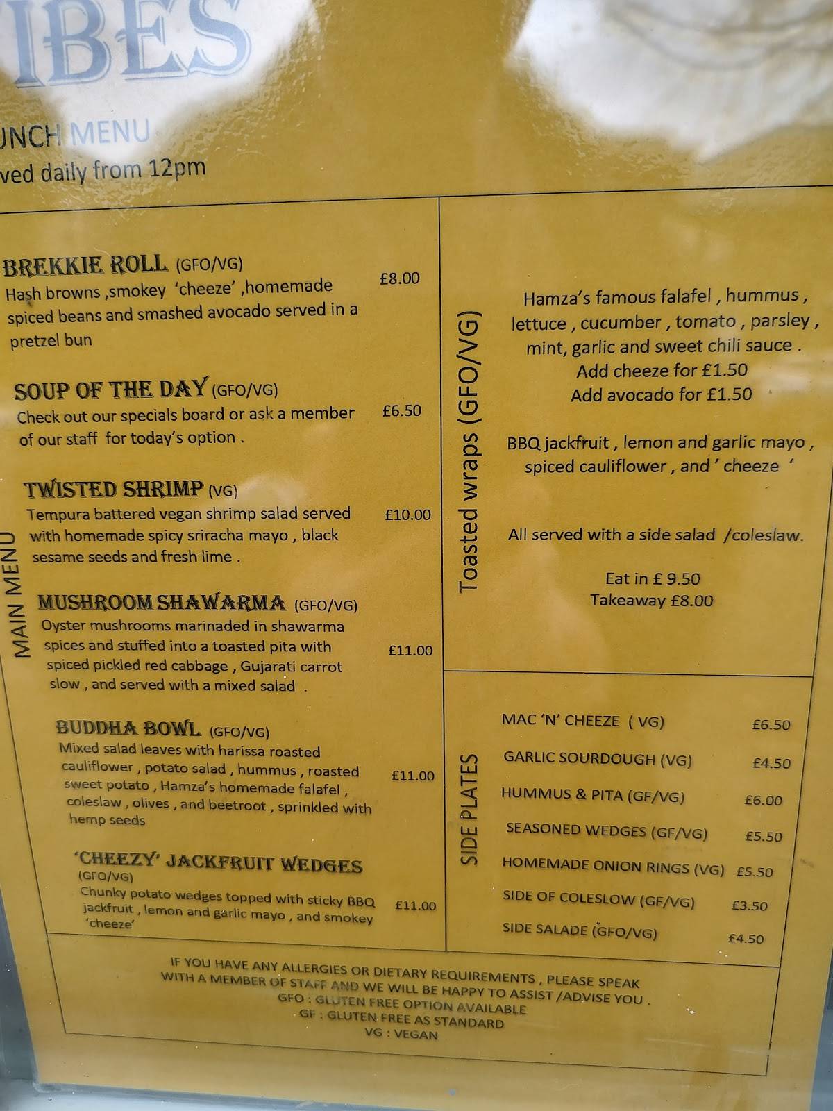Menu at Vibes restaurant, Dorchester