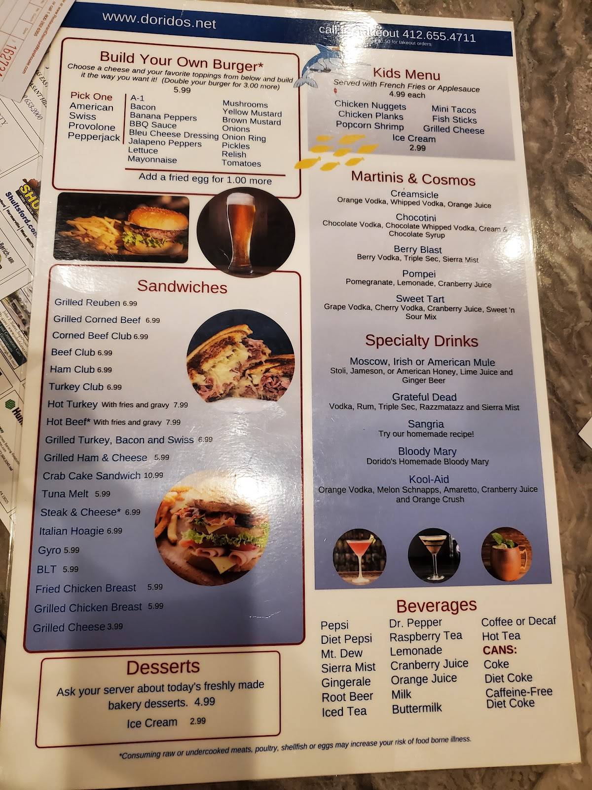Menu at Dorido's Restaurant, Pittsburgh